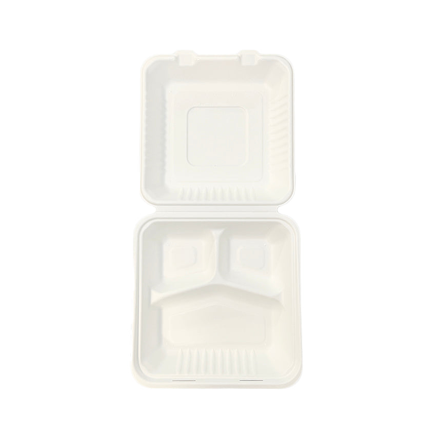 Sugarcane Dinner Box 3 Compartment Clamshell 9"x9"x3" (200pcs) – Zeta Pack