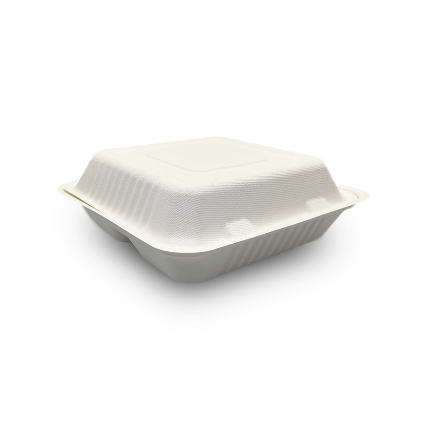 Sugarcane Dinner Box 3 Compartment Clamshell 9"x9"x3" (200pcs) – Zeta Pack